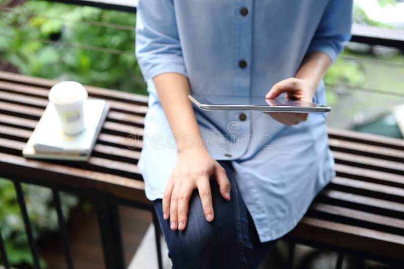 Young woman using iPad stock image. Image of device, businesswoman ...
