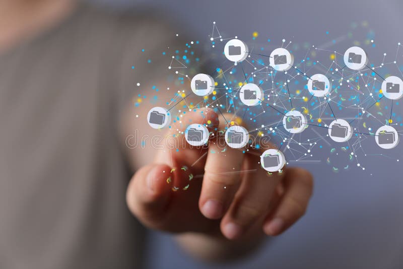 Woman Holding the Virtual Internet Data Infrastructure Concept in His ...