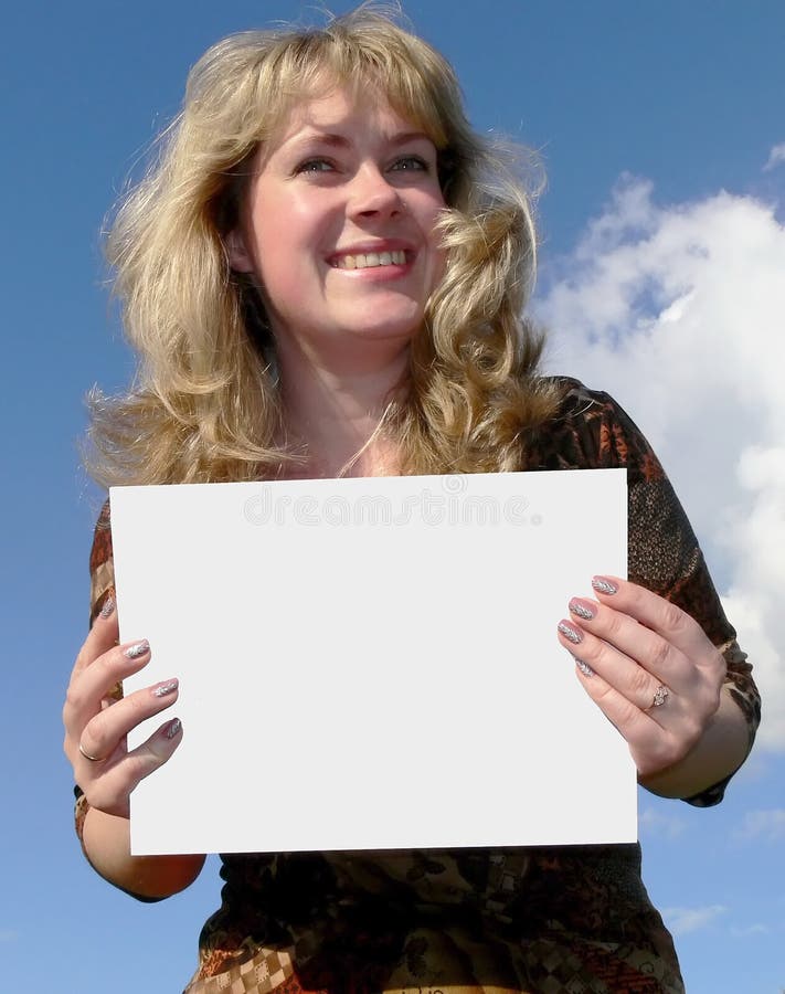 Woman holding a white card stock photo. Image of sheet - 1298738