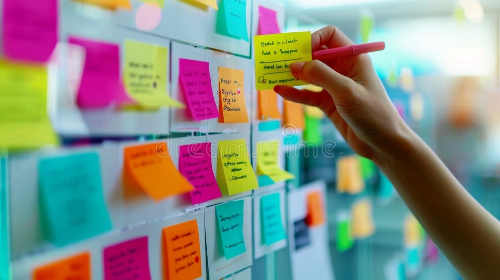 Woman Holding a Yellow Sticky Note Scrum Methodology Boards. Agile ...