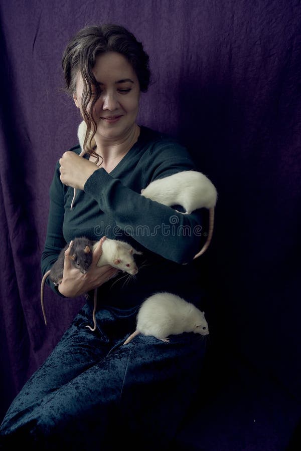 The Woman Holds All Her Five Rats in Her Hands Stock Image - Image of ...