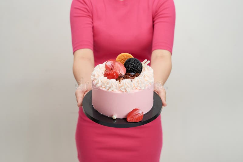 Woman Holds Birthday Cake in Her Hands Stock Image - Image of happy ...
