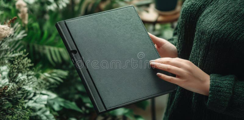 Woman Holds a Black Notebook in a Green Environment for an Eco-Friendly ...