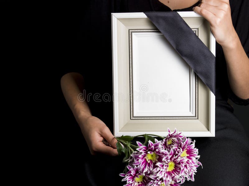 Woman Holds Blank Mourning Frame, With Flower Stock Photo - Image of ...