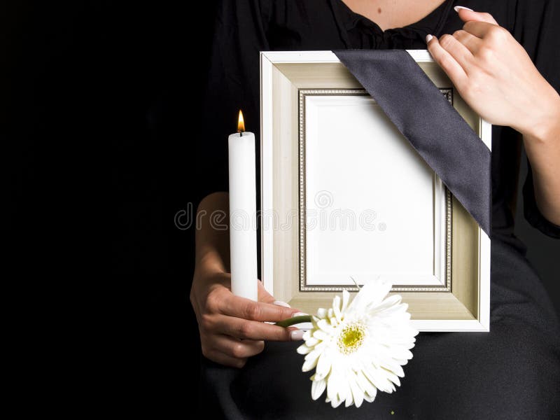 Woman Holds Blank Mourning Frame, with Flower Stock Photo - Image of ...