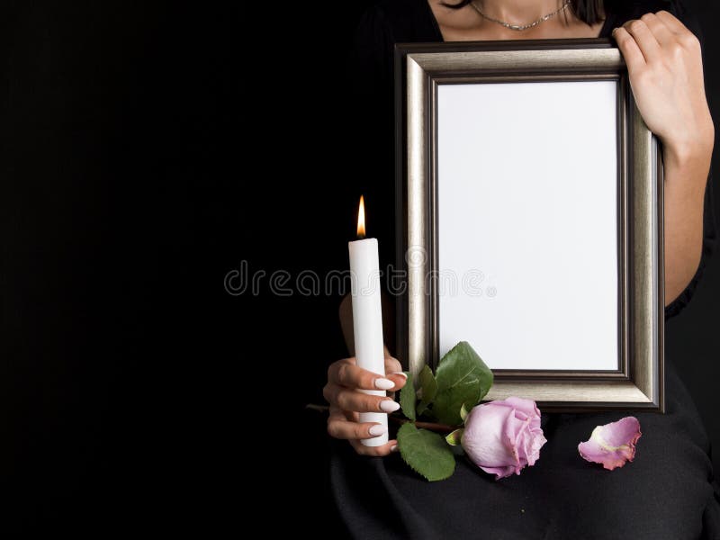 Woman Holds Blank Mourning Frame, with Flower Stock Image - Image of ...