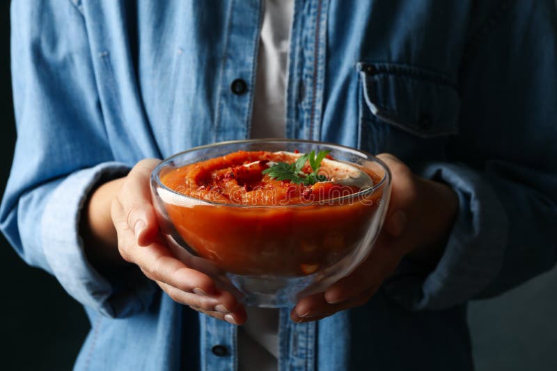 Woman Holds Bowl Pumpkin Soup, Front View Stock Photo - Image of ...