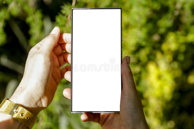 Smartphone with Blank Screen in Woman Hands in Natural Garden Setting ...