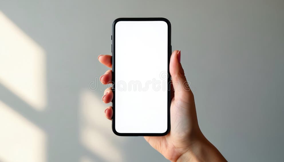 Woman Holds Smartphone with Blank White Screen for Customization. Mobile Device Mockup Offers ...