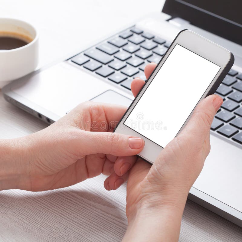A Woman Holds Smartphone White Phone in the Workplace in the Room ...