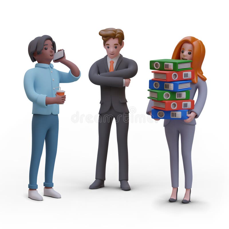 Woman Holds Stack of Folders, Guy Talks on Phone, Man Reflects on ...