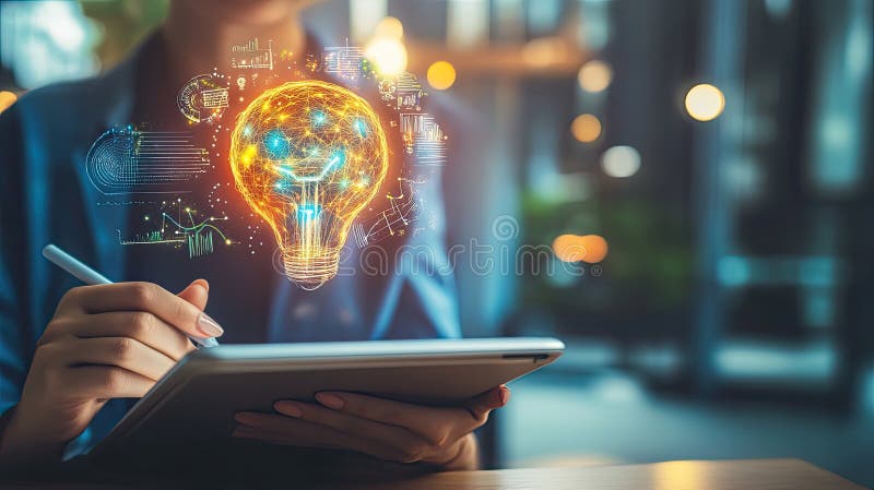 A Woman S Hand Holding a Tablet with a Glowing Lightbulb Icon and Data ...