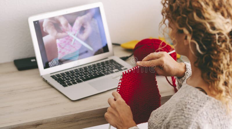 Woman at Home Doing Knit Work Watching Online Tutorial Class Lesson on ...