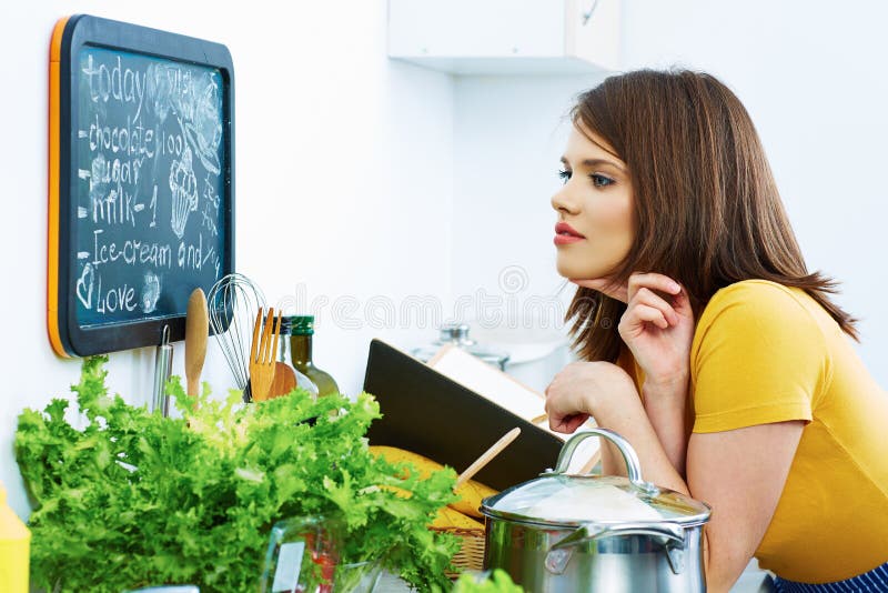 Woman in Home Kitchen Cooking Bio Diet Stock Image - Image of blue ...
