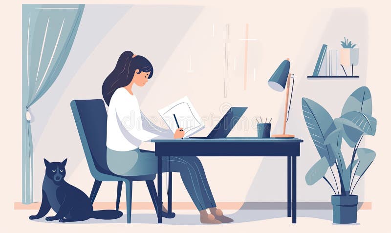 Woman in Home Office Looking at Computer Screen Creating Using ...