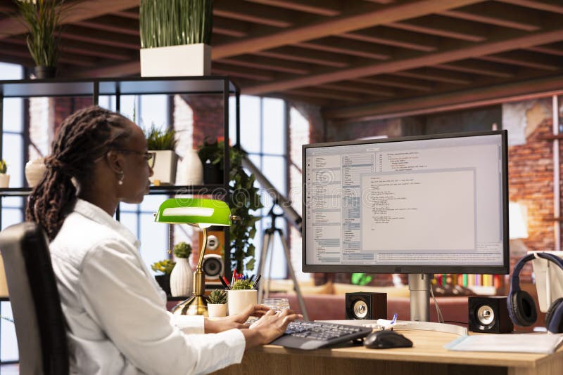 Woman Home Office Looking Ui Pc Display Typing Code Stock Photos - Free ...