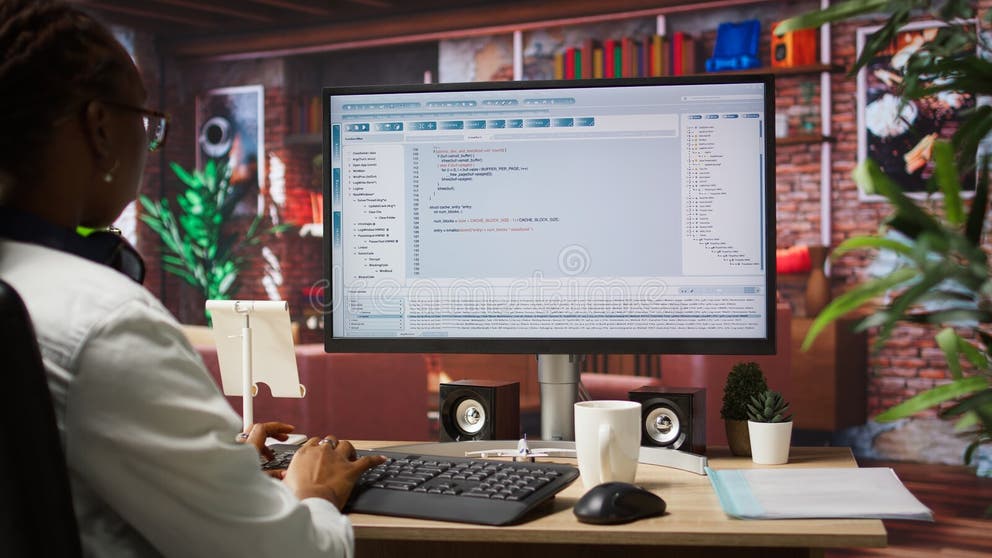 Woman in Home Office Looking at UI on PC Screen, Typing Code Stock Photo - Image of engineer ...