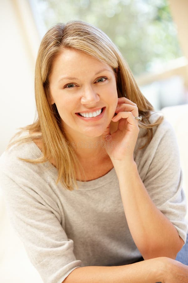 Woman in Home Office Using Computer and Smiling Stock Image - Image of ...