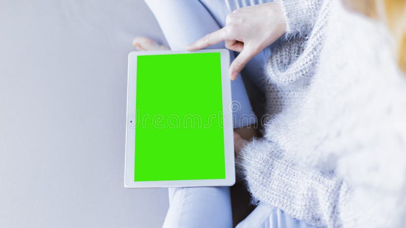 Woman at Home Relaxing Reading on the Tablet Computer Stock Image ...