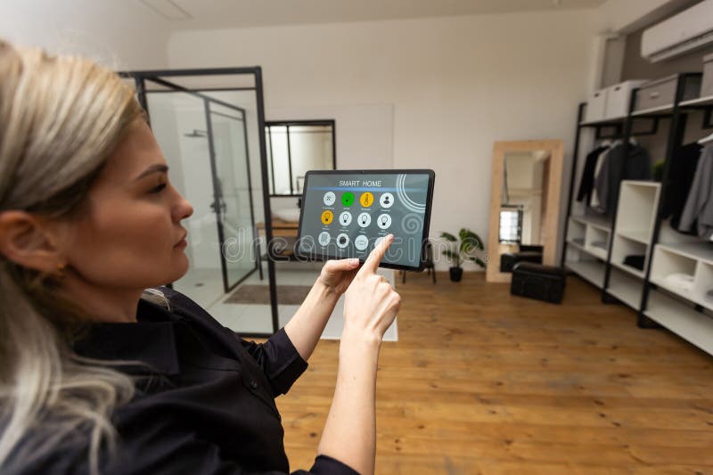 Woman at Home Using Smart Screen, Automation Domestic System Stock ...