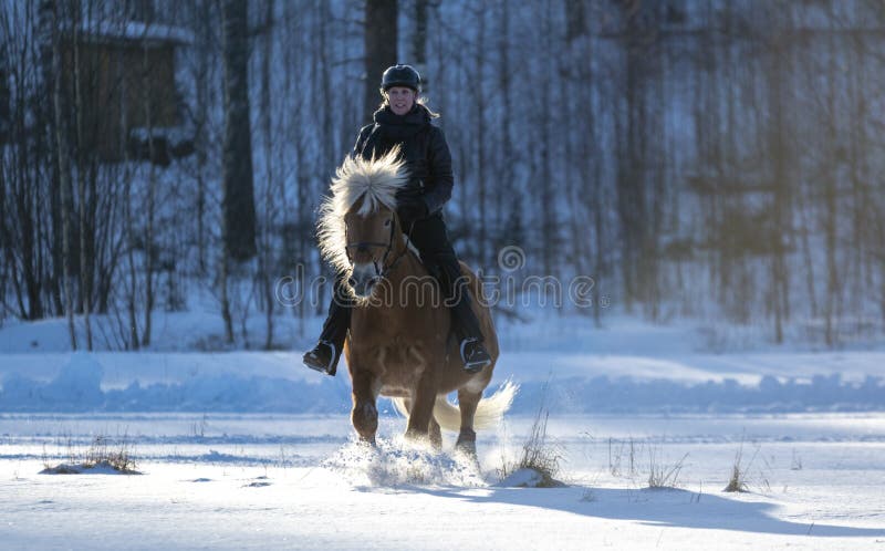 Woman Horseback Riding in Winter Snow Stock Photo - Image of concept ...