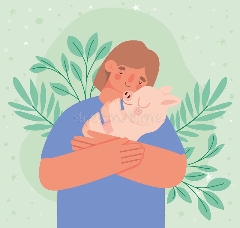 Woman hugging cute pig stock vector. Illustration of adult - 221424601