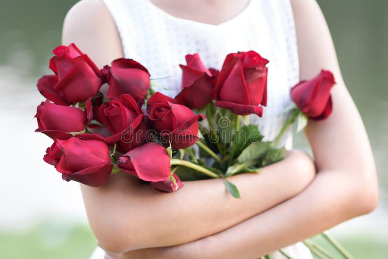 Woman Hugging Red Roses with Pleasure. Stock Image - Image of bouquet ...
