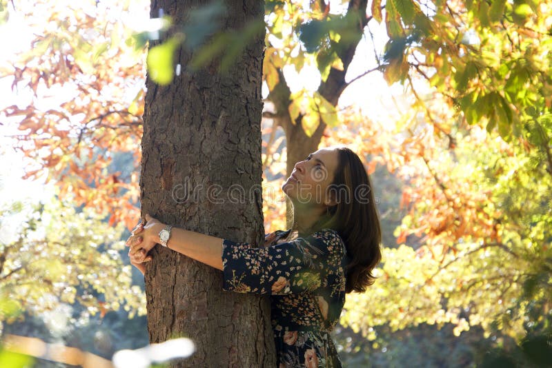 Woman Hugging a Tree and Admiring Nature Stock Image - Image of feel ...