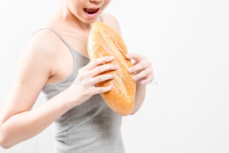 Woman Hungry Fresh Fragrant Bread. Stock Photo - Image of healthy ...