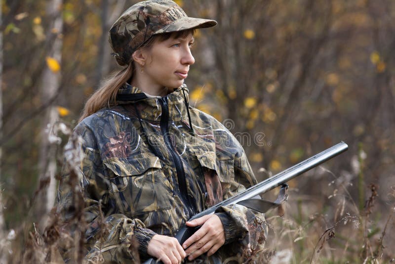 Woman Hunter with Gun in Autumn Forest Stock Image - Image of people ...