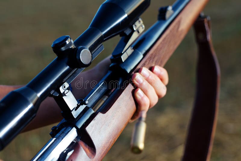 Woman Hunter Loading Bullet To Carbine Stock Photo - Image of barrel ...