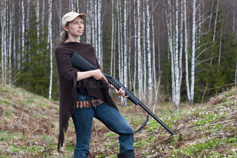 Woman Hunter with Shotgun in Spring Forest Stock Image - Image of hobby ...