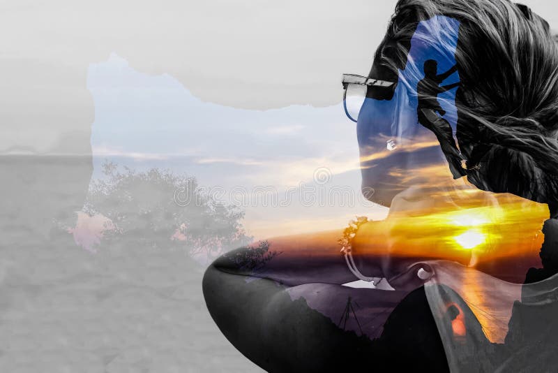 Woman Imagination with Sunset Background. Stock Image - Image of ...