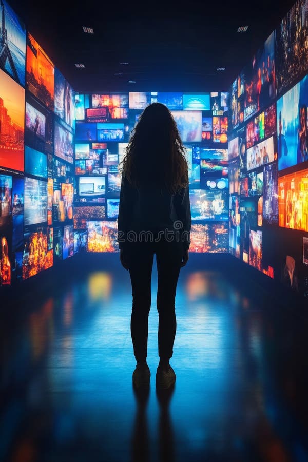 Woman Immersed in Data, Analyzing Visuals on a Massive Video Wall ...