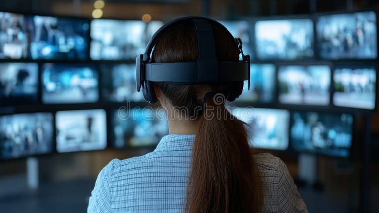 Woman Immersed in VR Experience with Dynamic Lighting and Stunning ...