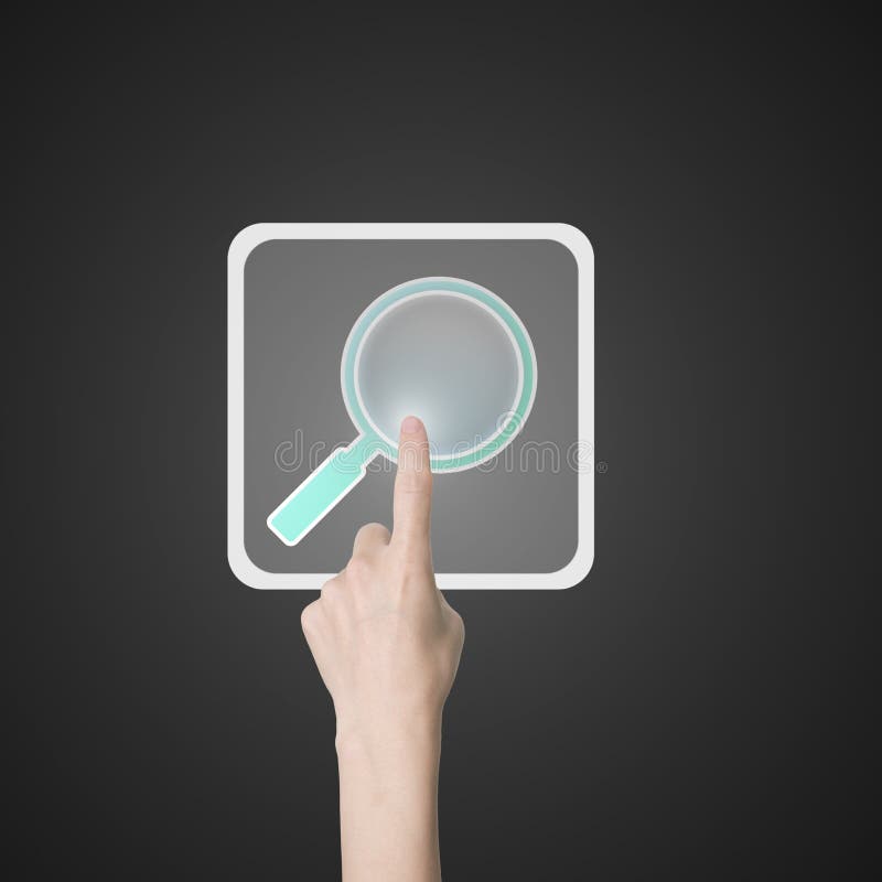 Woman Index Finger Touching Search Icon Button Stock Photo - Image of ...
