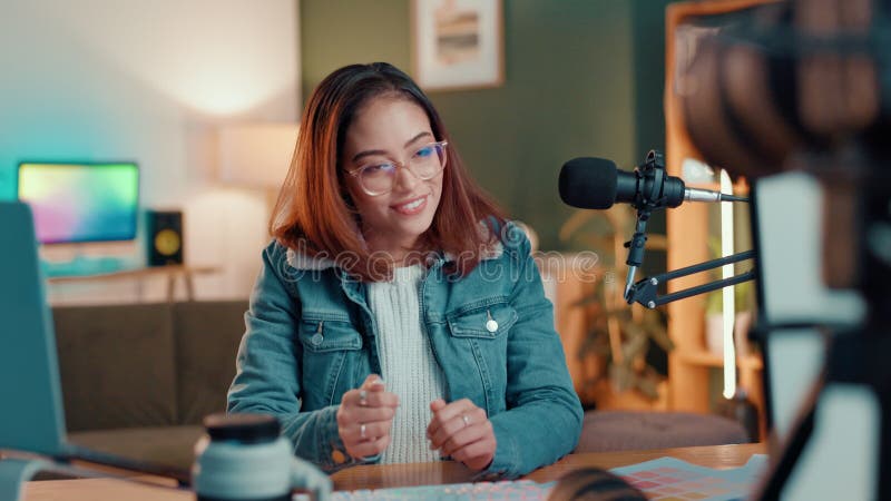 Woman, Influencer and Streaming with Video Camera for Online Tutorial ...