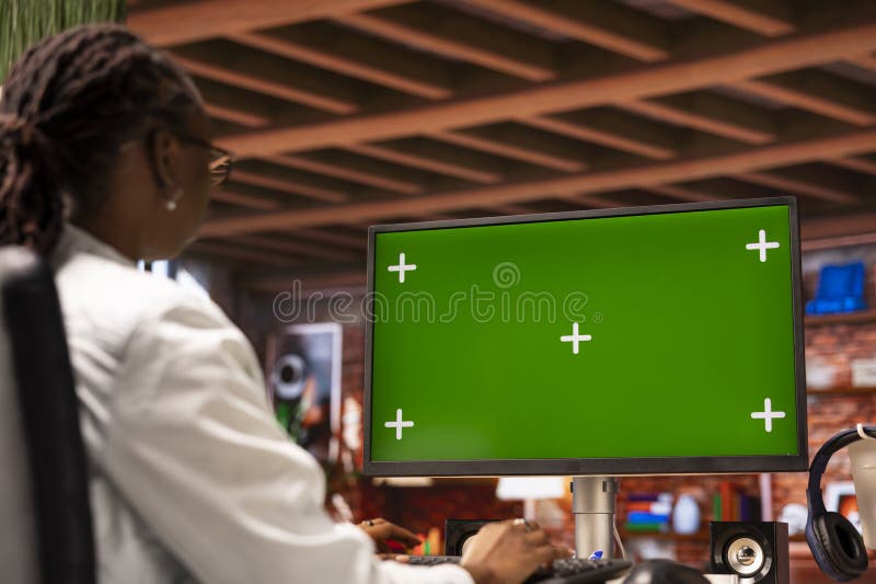 Woman Inputting Data on Chroma Key PC, Completing Spreadsheets in Home ...