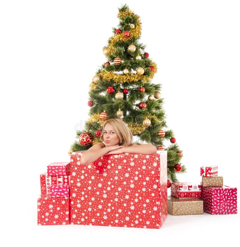 Woman Inside Gift Box Christmas Tree Behind Stock Photos - Free ...