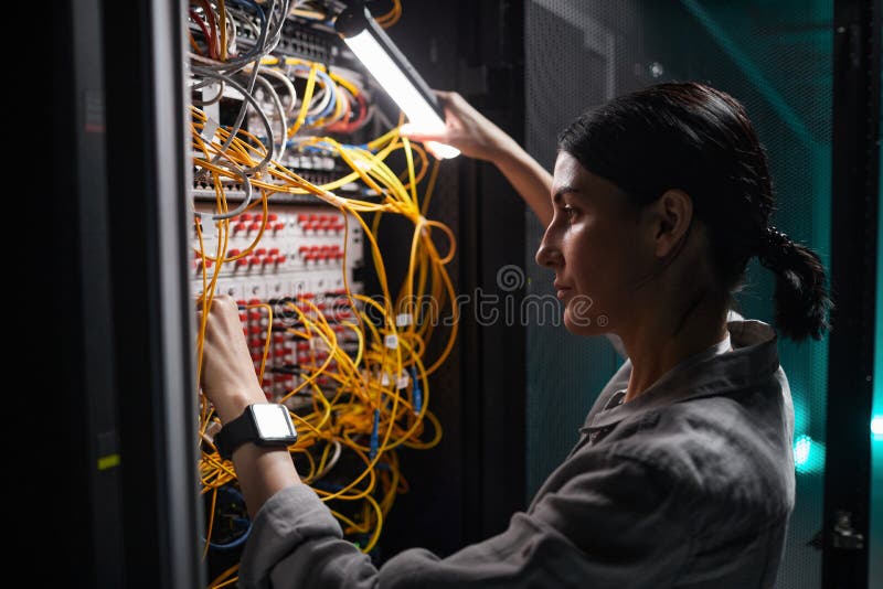 Woman Inspecting Server Side View Stock Photo - Image of mainframe ...