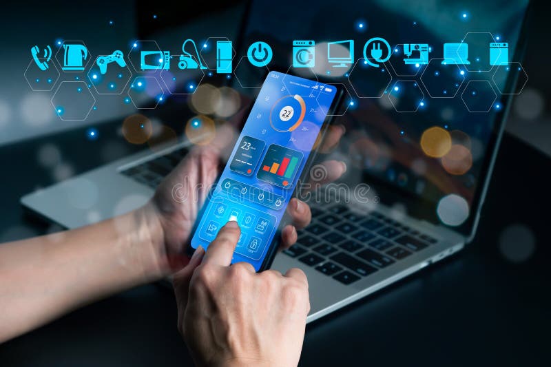 A Woman Inspects Internet of Things (IoT)-connected Devices in Her Home ...