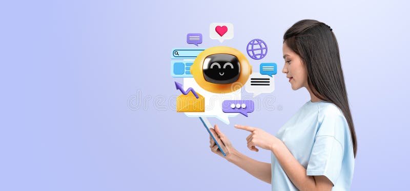 Woman Interacting with Chatbot and Communication Icons Stock Image ...
