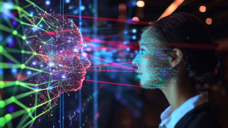 Woman Interacting with Digital AI Face Interface Stock Photo - Image of ... Woman Interacting with Digital AI Face Interface Stock Photo - Image of ...