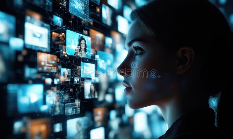 Woman Interacting with Digital Interface Displaying Multiple Screens ...