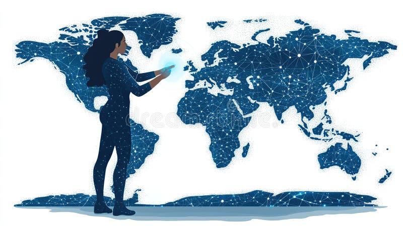 Woman Interacting with a Digital Map of the World, Showcasing Global ...