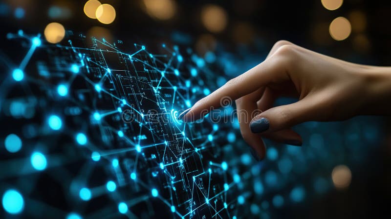 Woman Interacting with Digital Network Interface, Abstract Data ...