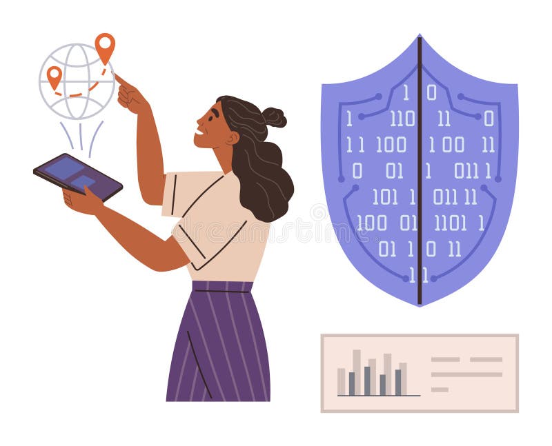 Woman Using Digital Tablet with Map Pins, Shield with Binary Code, and Data Chart Representation ...