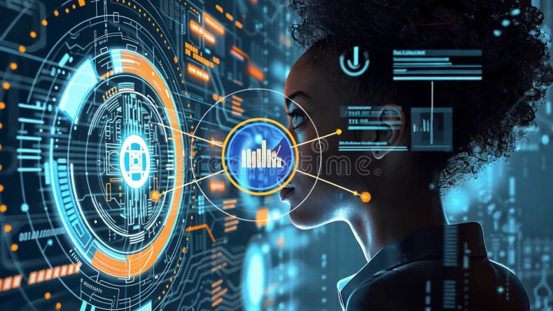 Woman Interacting with a Futuristic Digital Interface in a High-tech ...