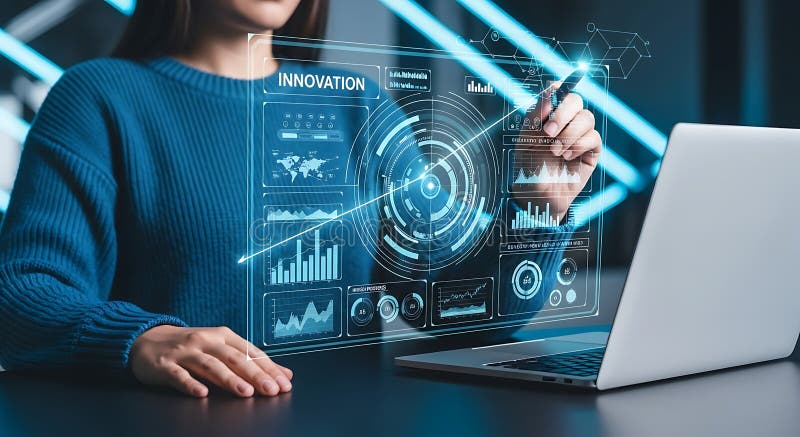 Woman Interacting with Futuristic Interface Showing Data Analytics ...