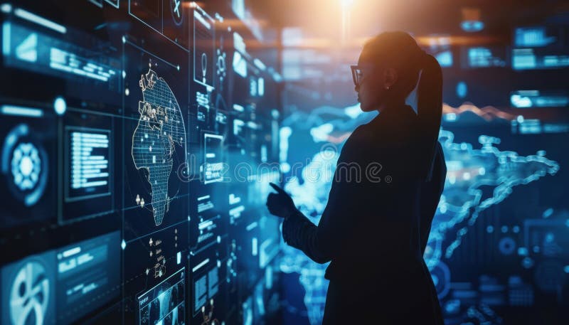 Woman Interacting with Global Data Visualization on Digital Wall Stock ...